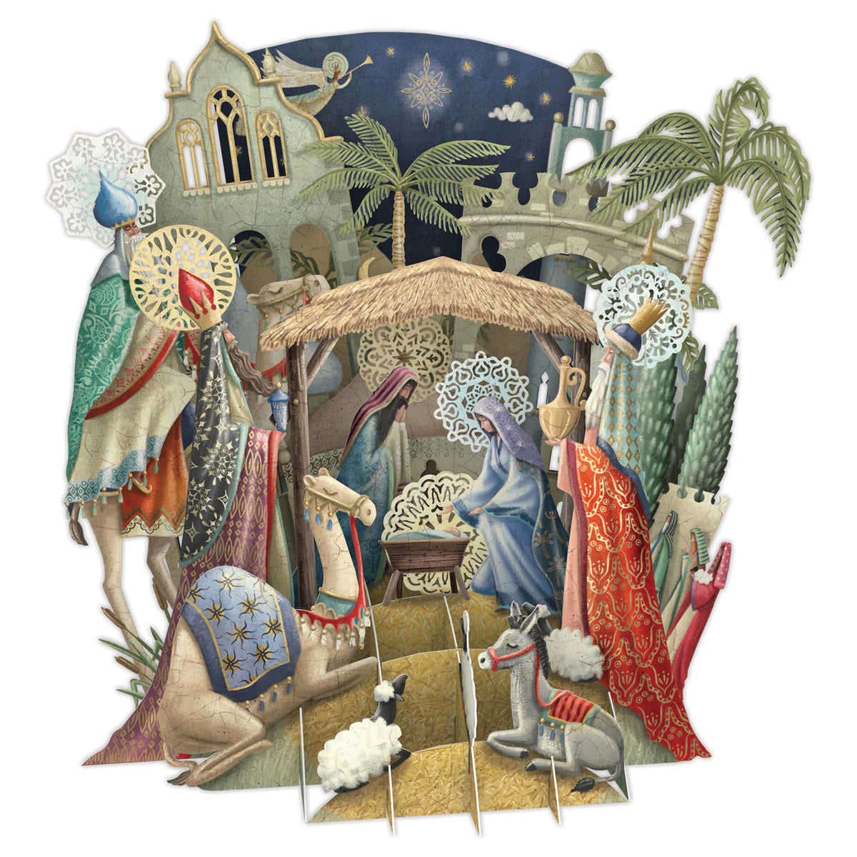 Nativity Scene: Mary, Joseph and Kings with Intricate Die Cut Halos 3D ...